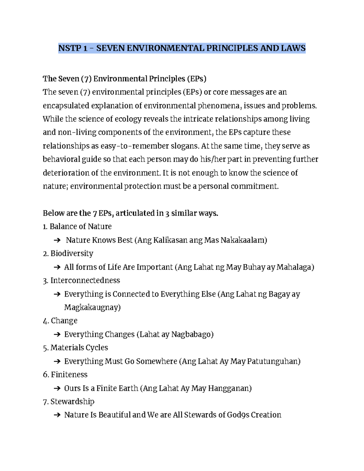NSTP 1 - Seven Key Environmental Principles and Laws Explained - Studocu