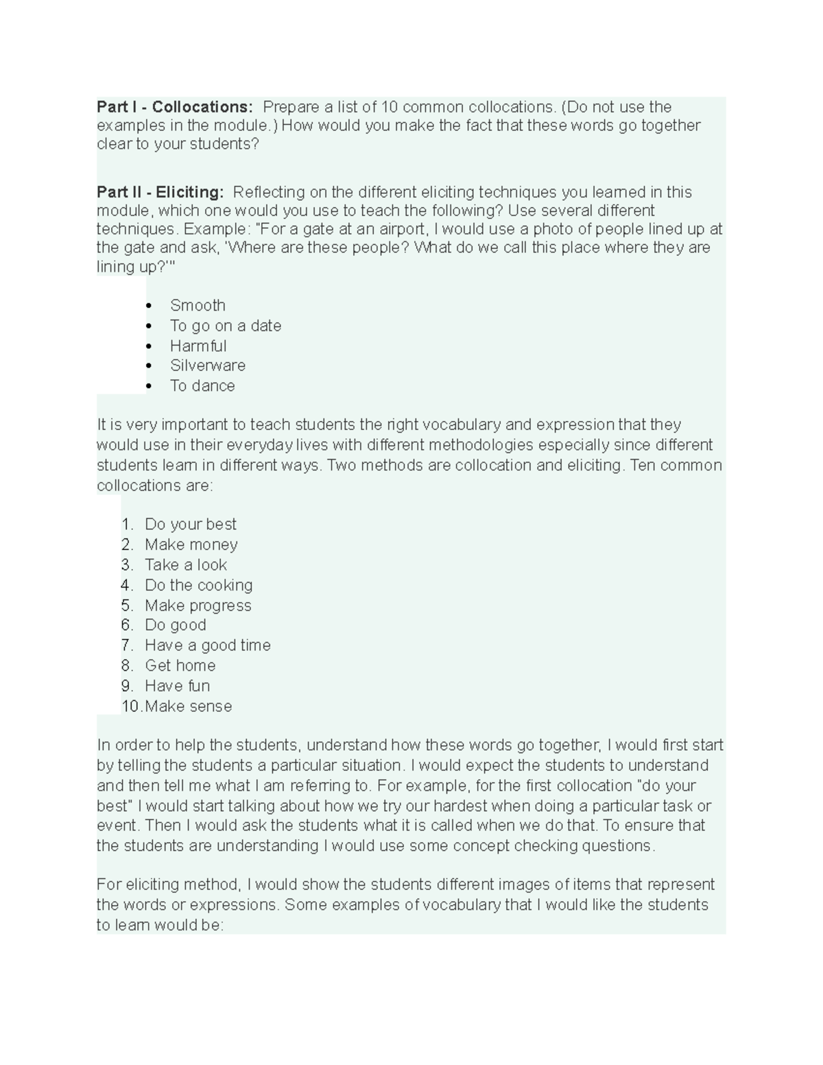 Module 9.1 Assignment - Part I - Collocations: Prepare a list of 10 ...