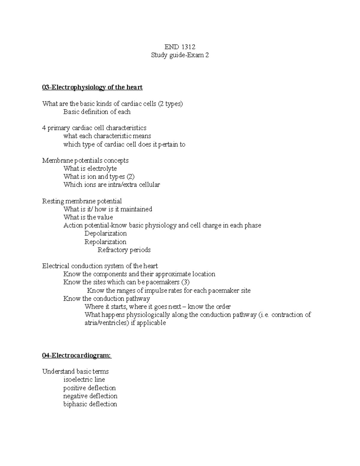 END 1312 - Study Guide for Exam 2: Cardiac Cells & Electrophysiology ...