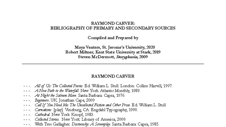 RCR 2020: Updated Bibliography of Raymond Carver's Works - Studocu