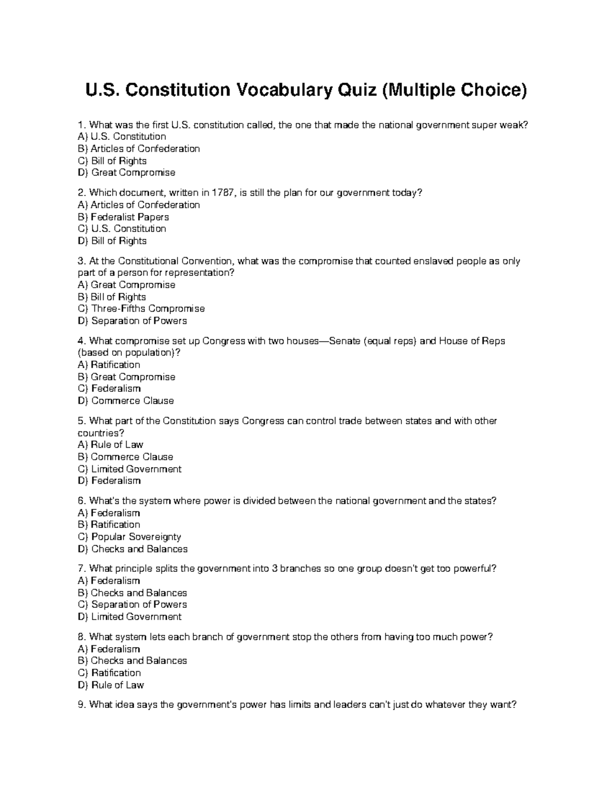 Constitution Vocabulary Quiz MC 9th Grade - Studocu