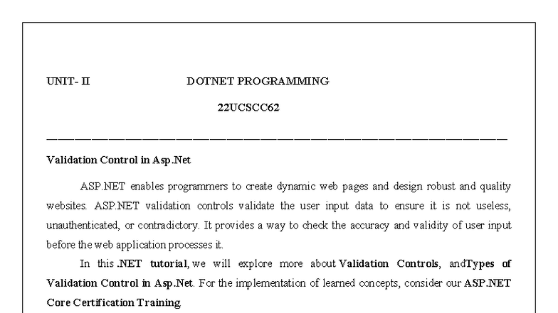 II DOTNET PROGRAMMING 22UCSCC62 Validation Controls Overview in ASP.NET ...