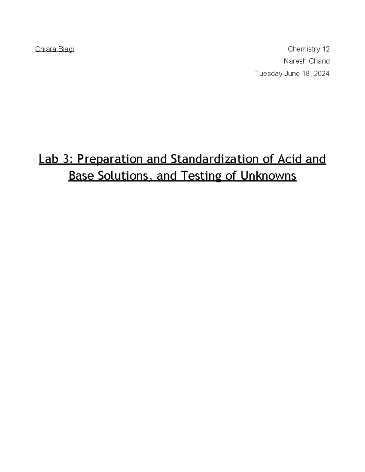 Chemistry 12 Lab 3: Standardization of Acid-Base Solutions & Unknowns ...