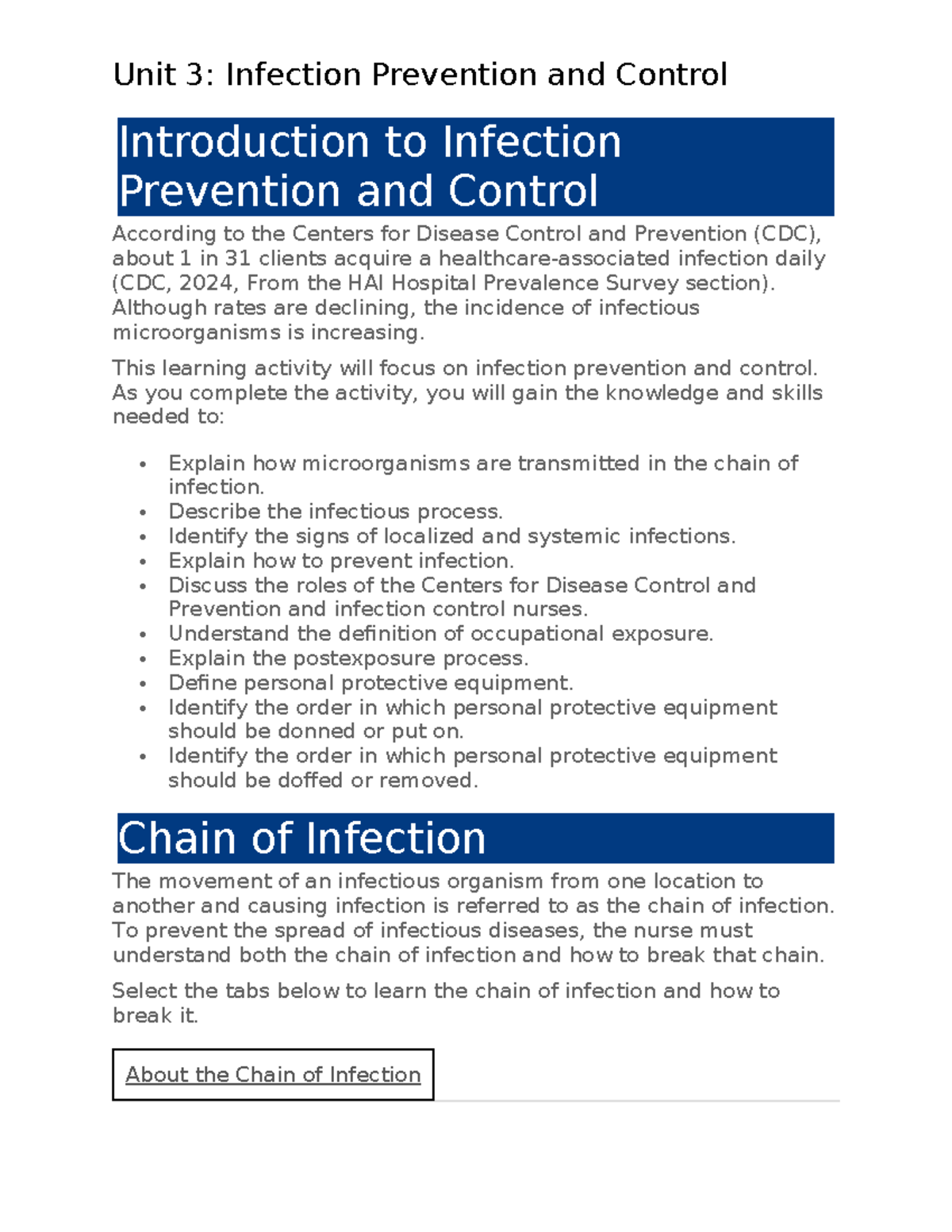 Unit 3: Infection Prevention and Control - Understanding Infection ...