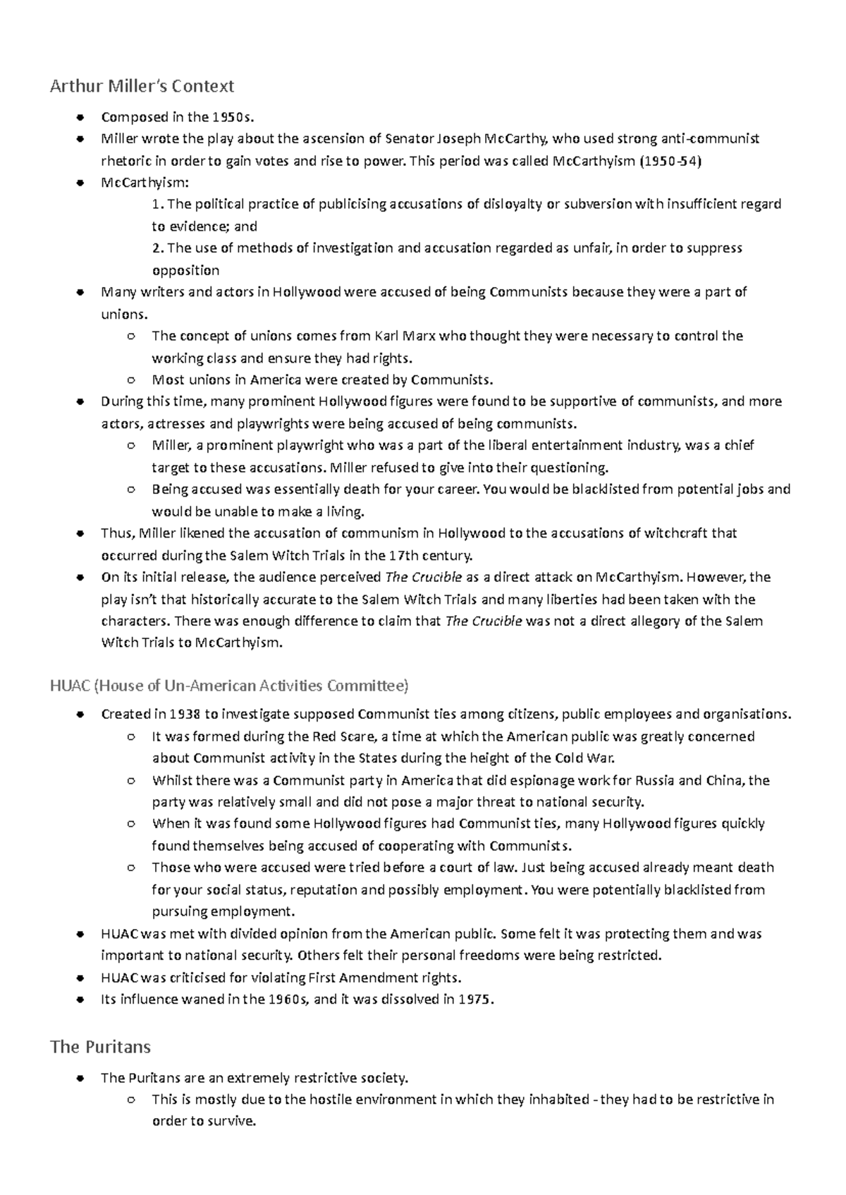 The Crucible context: McCarthyism and the Salem Witch Trials - Studocu