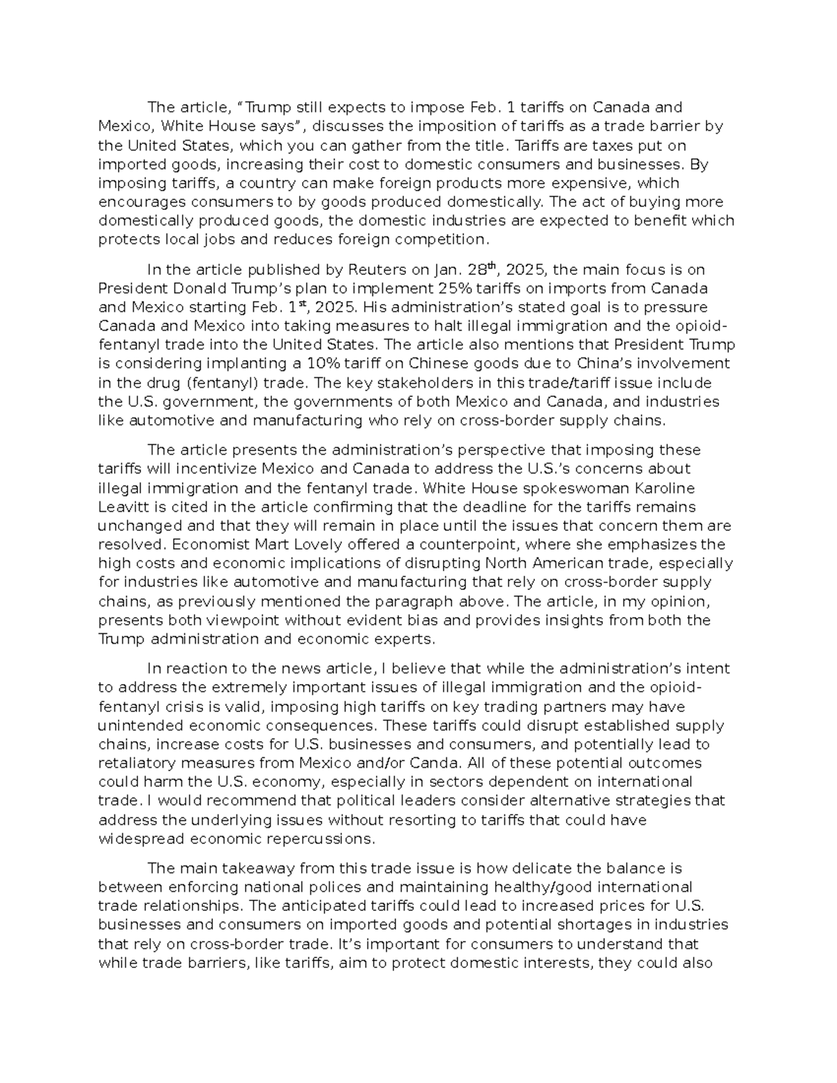 3.8 honors assignment - The article, “Trump still expects to impose Feb ...