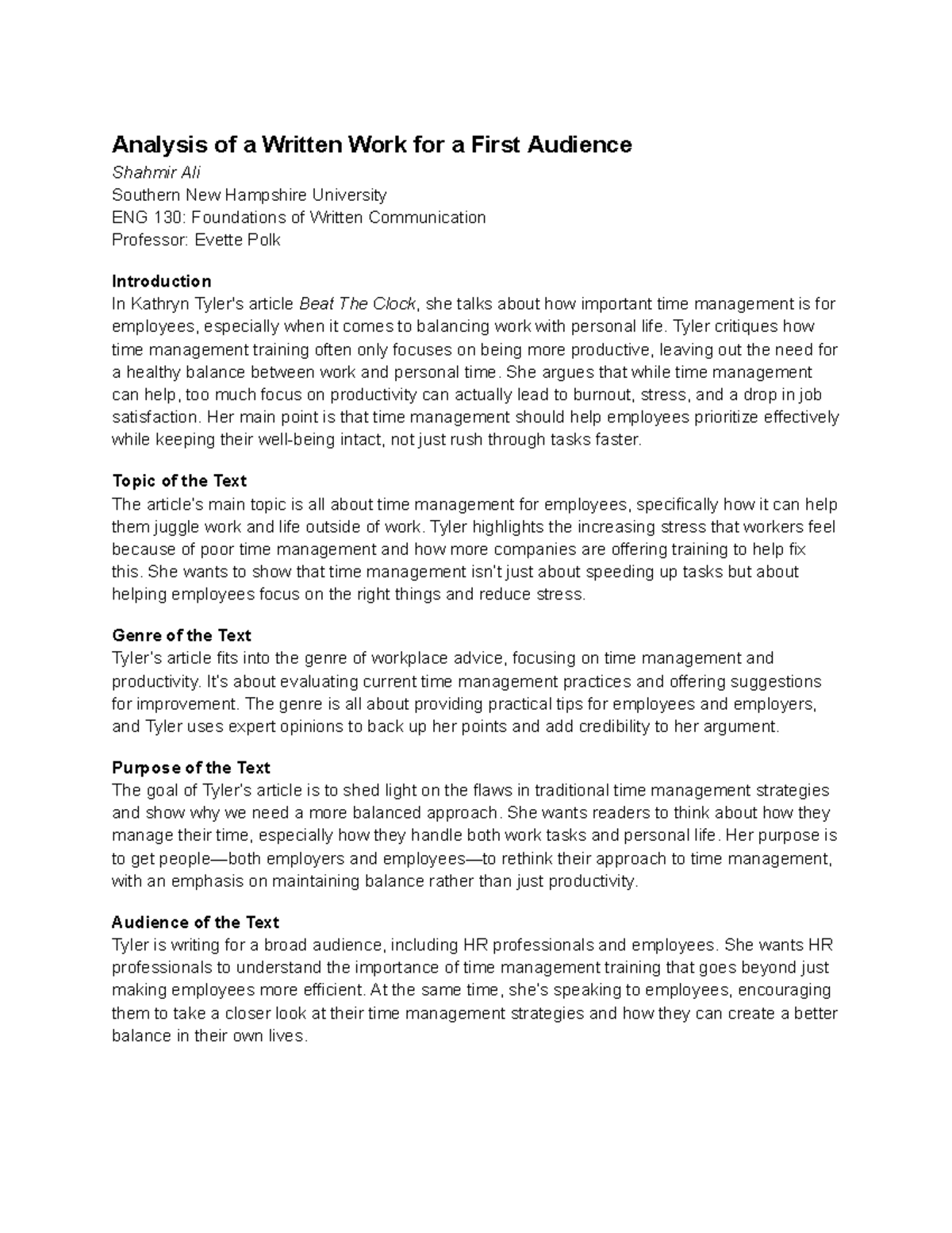 5-1 Analysis of a Written Work for a First Audience - Analysis of a ...