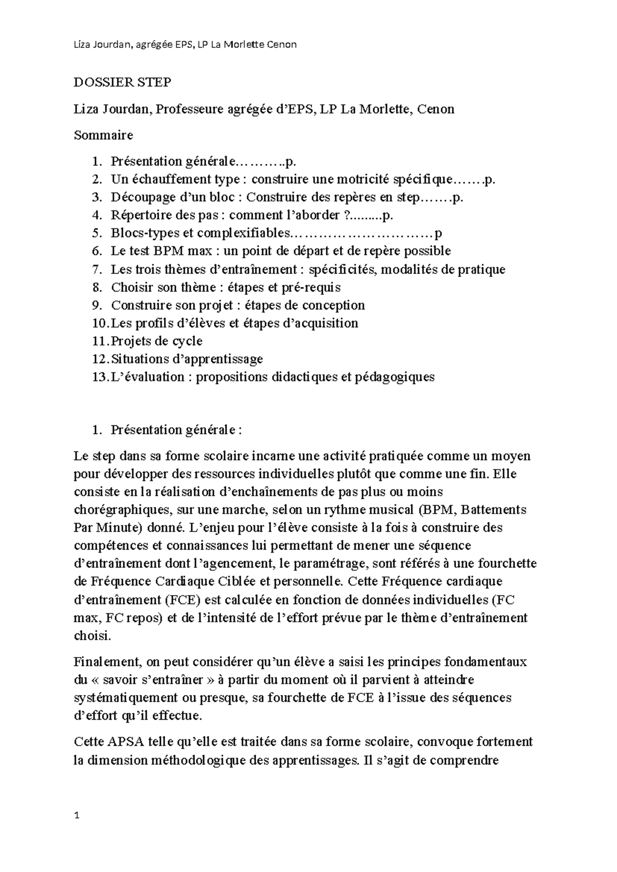 Dossier Complet sur le Step - EPS LP La Morlette (Méthodologie) - Studocu