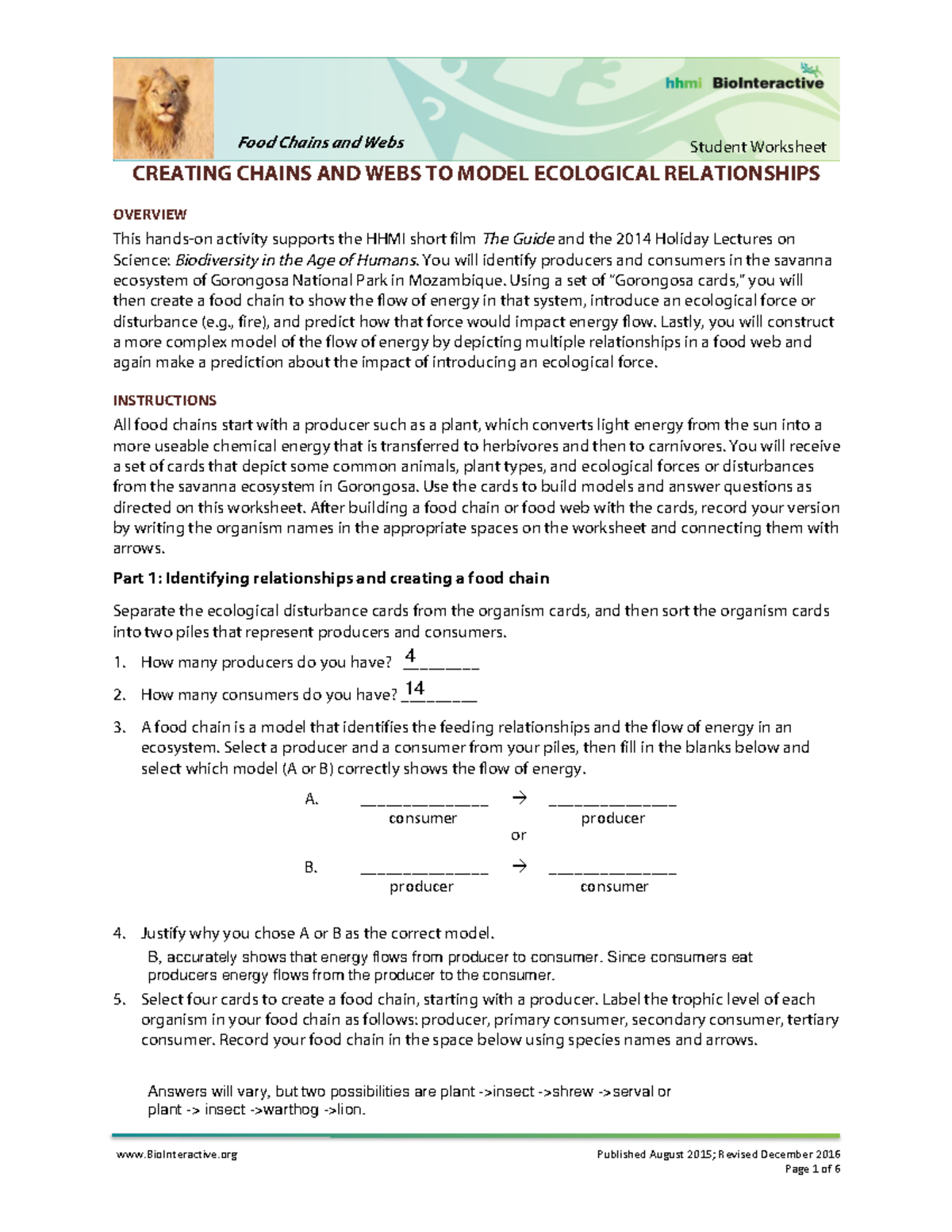 Food Chains and Webs Worksheet: Modeling Ecological Relationships - Studocu