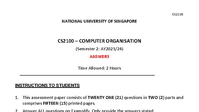 CS2100 Semester 2 Exam Answers: Computer Organisation - Studocu