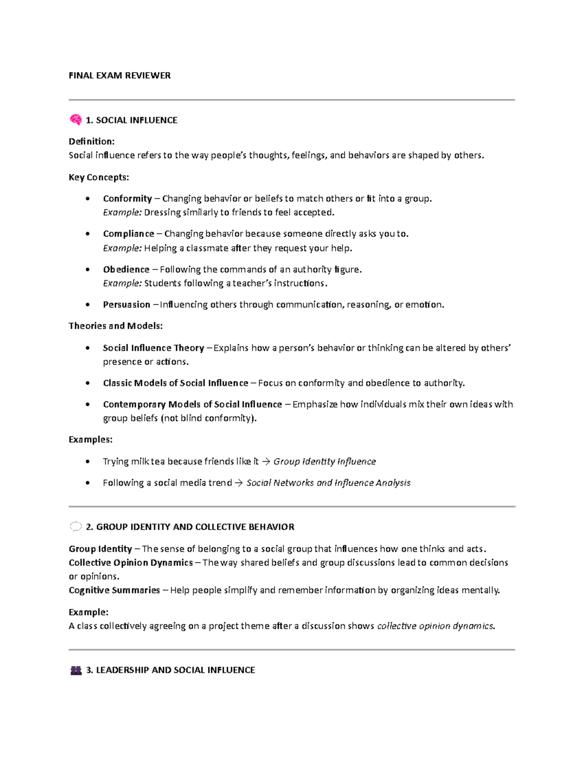 FINAL EXAM REVIEWER 1: SOCIAL INFLUENCE AND MENTAL HEALTH - Studocu