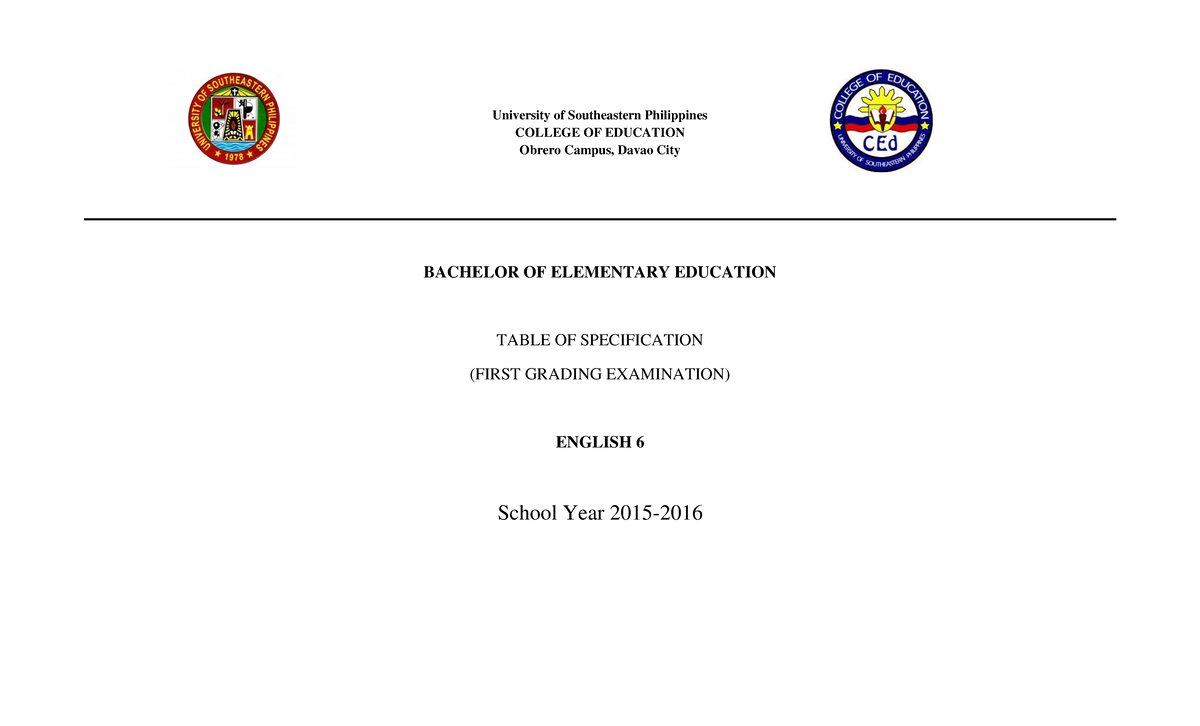 Table of Specification for English 6 - First Grading Exam - Studocu