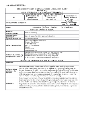 BTS Fiche E4 Organisation et animation d'un événement commercial - ANNEXE V– BTS NÉGOCIATION ET ...