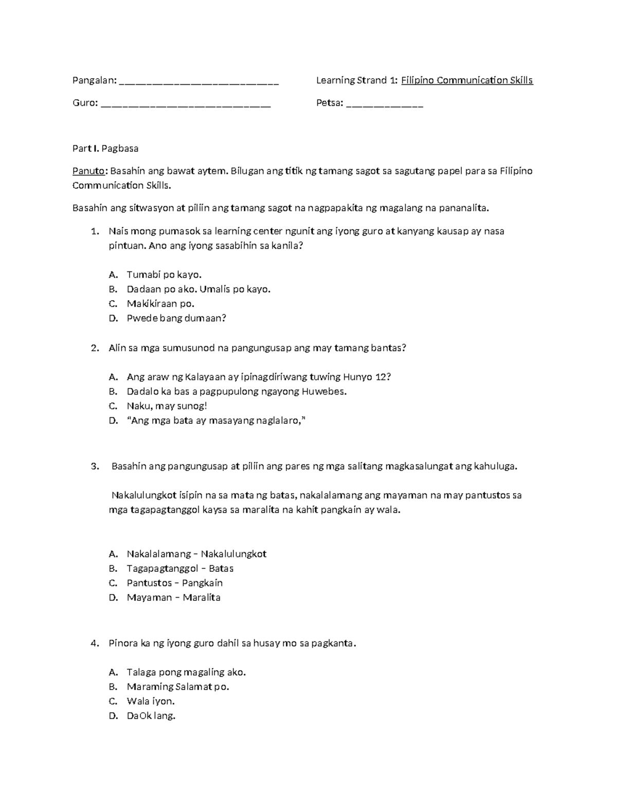 Filipino Communication Skills Quiz - Learning Strand 1 - Studocu