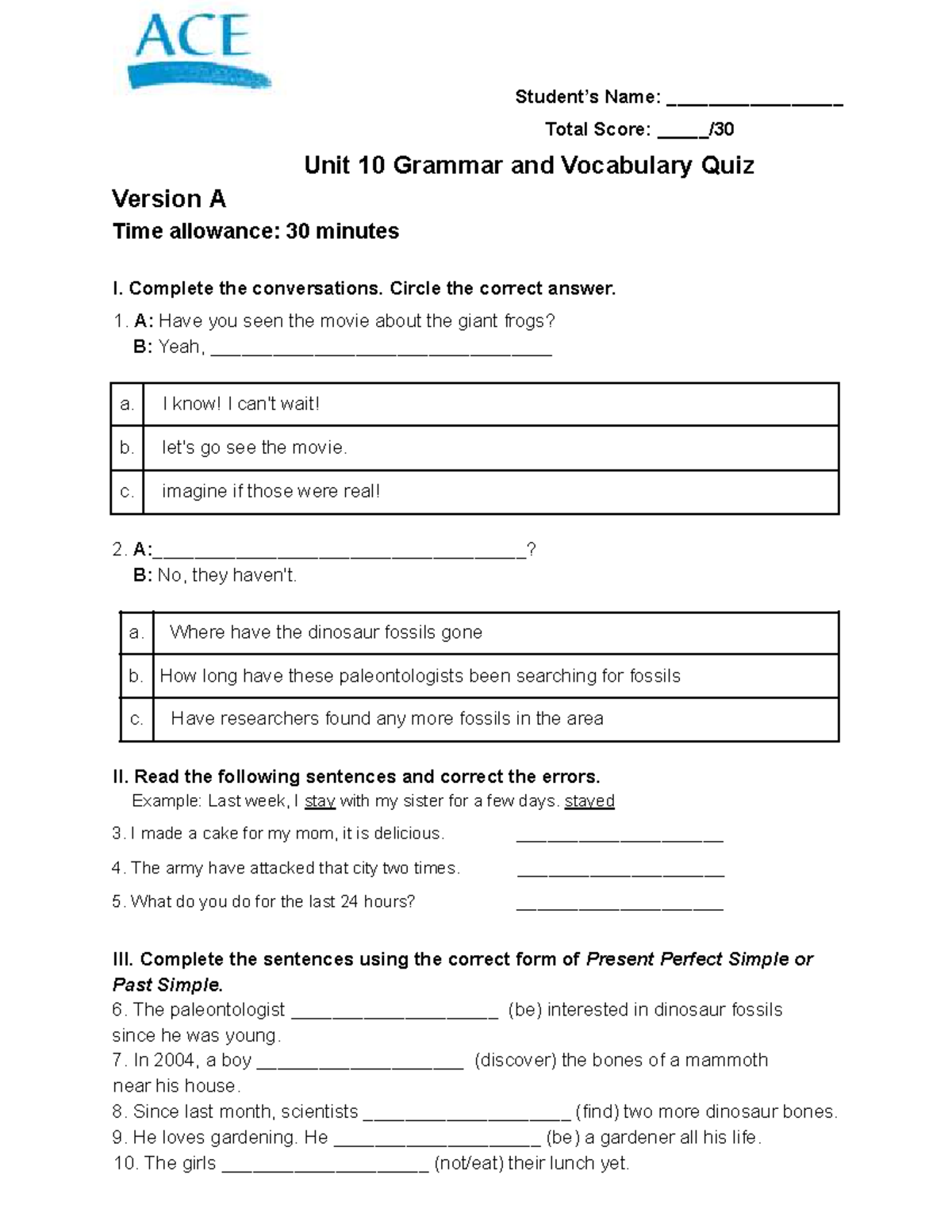 Unit 10 Grammar & Vocabulary Quiz (Version A) - Studocu