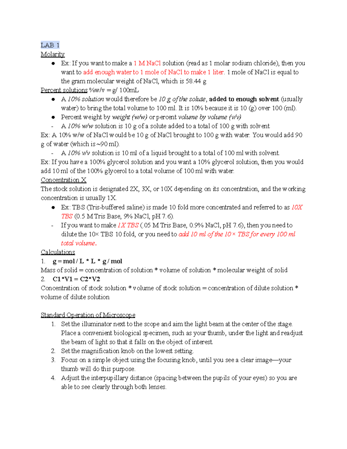 BIO 204 Lab Study Notes: Molarity, Solutions, & Organism Dissection ...