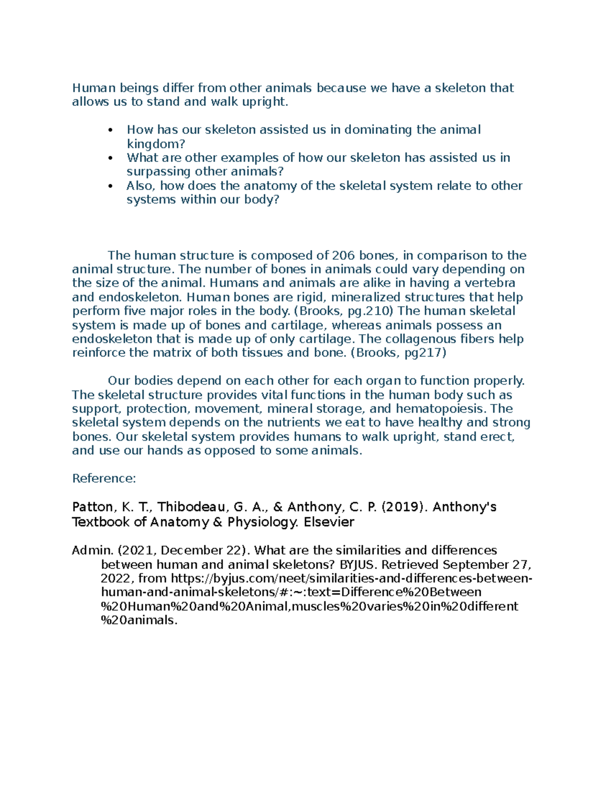 ANAT 101 Wk5 Discussion: The Human Skeletal System vs. Animals - Studocu