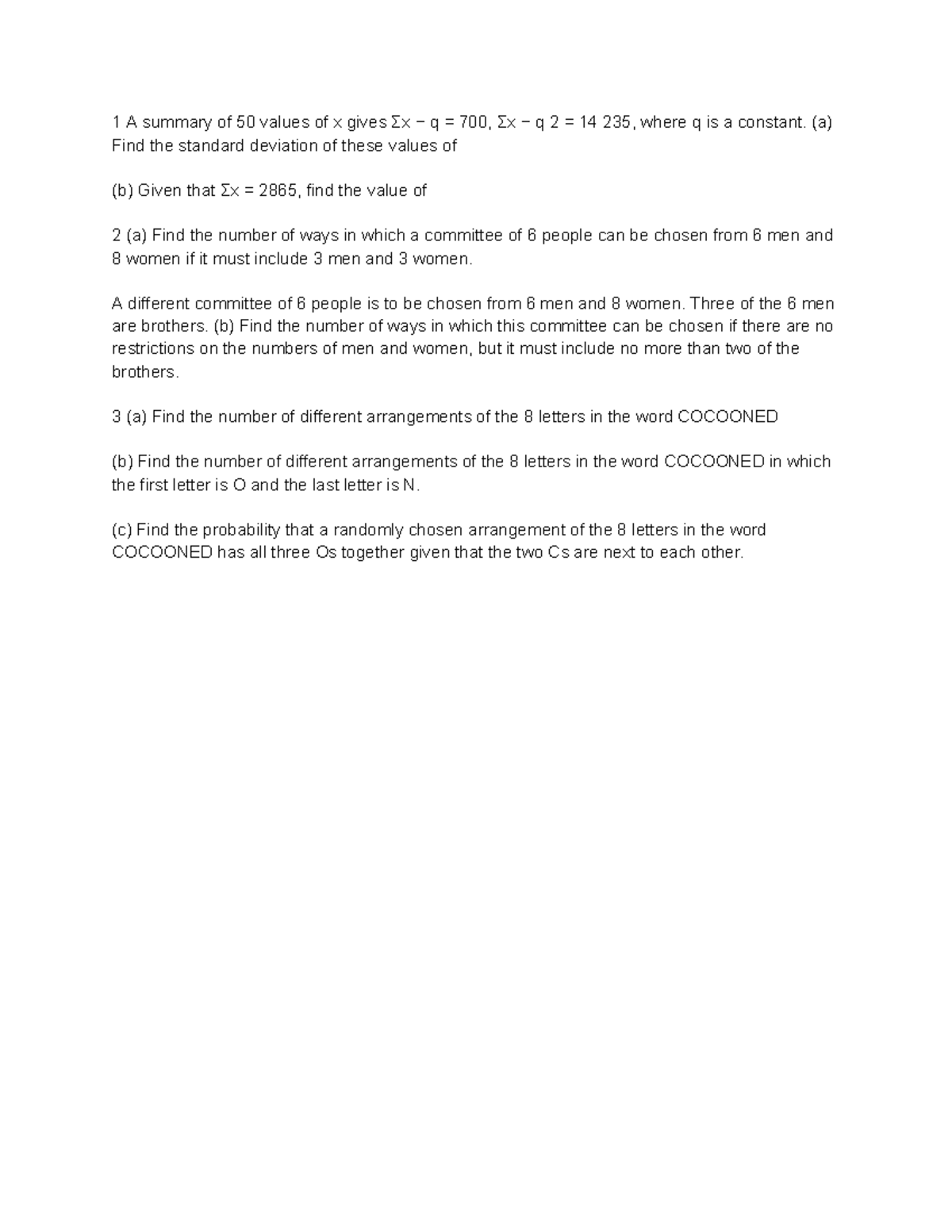 Stat 151 Practice Questions: Standard Deviation & Combinatorics - Studocu