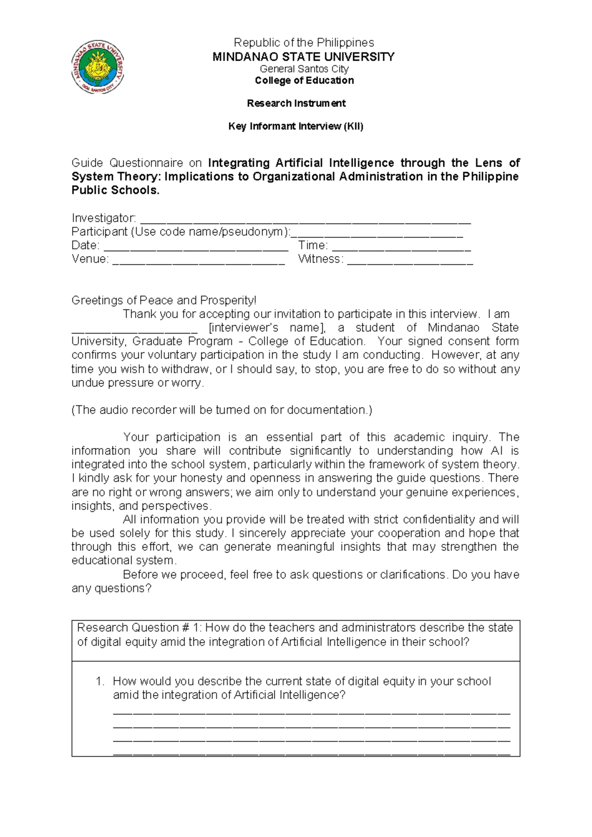 EDUC 306 KII Guide: Integrating AI in Philippine Public Schools - Studocu