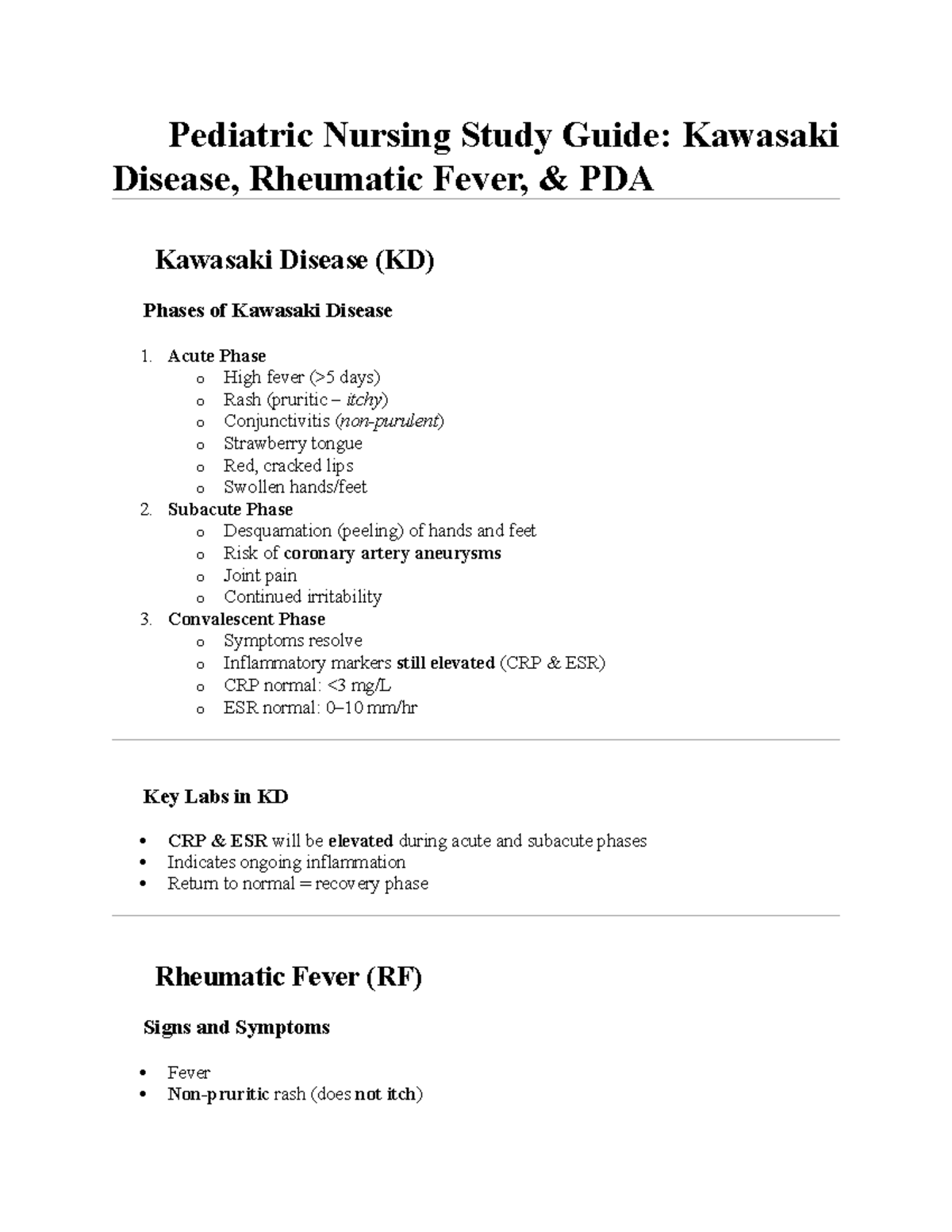 Pediatric Nursing Study Guide: Kawasaki Disease & Heart Defects - Studocu