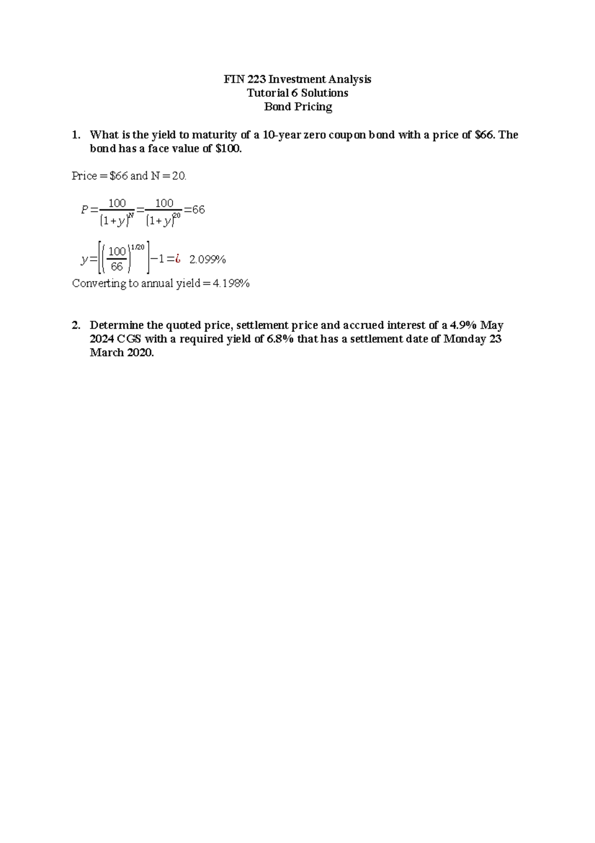 FIN223 Week 8 Tutorial 6 Solutions - FIN 223 - UOW - Studocu