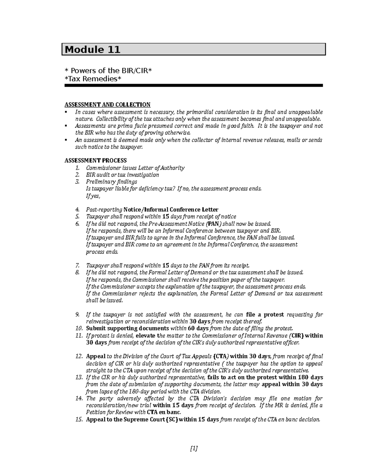 TAXATION -Module 12-Remedies WA - Module 11 * Powers of the BIR/CIR ...