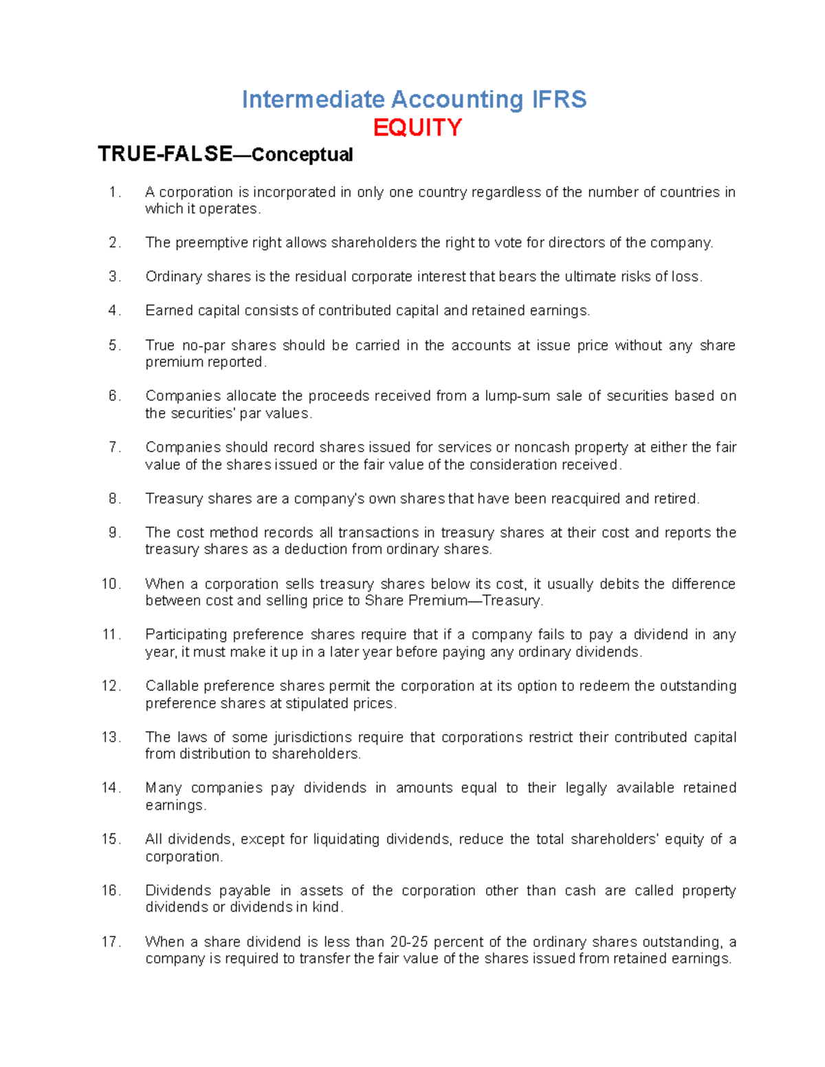 Intermediate Accounting IFRS: Equity True/False & Multiple Choice Notes ...