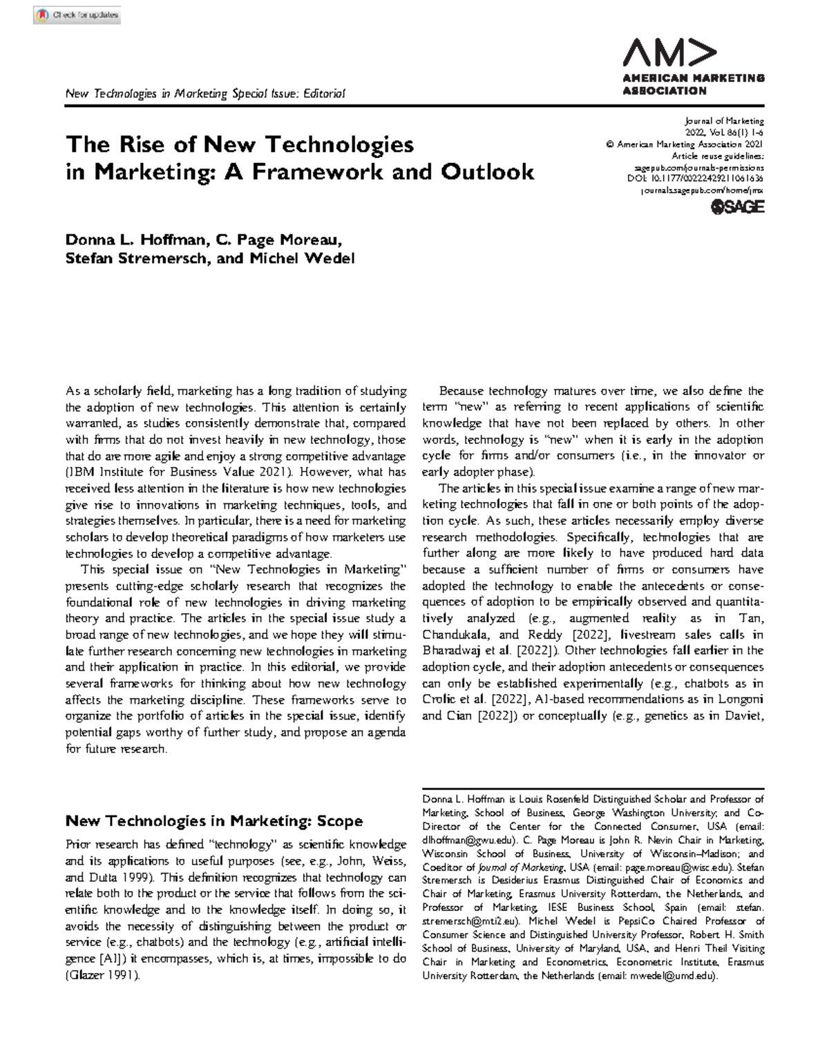 The Rise of New Technologies in Marketing A Framework and Outlook ...