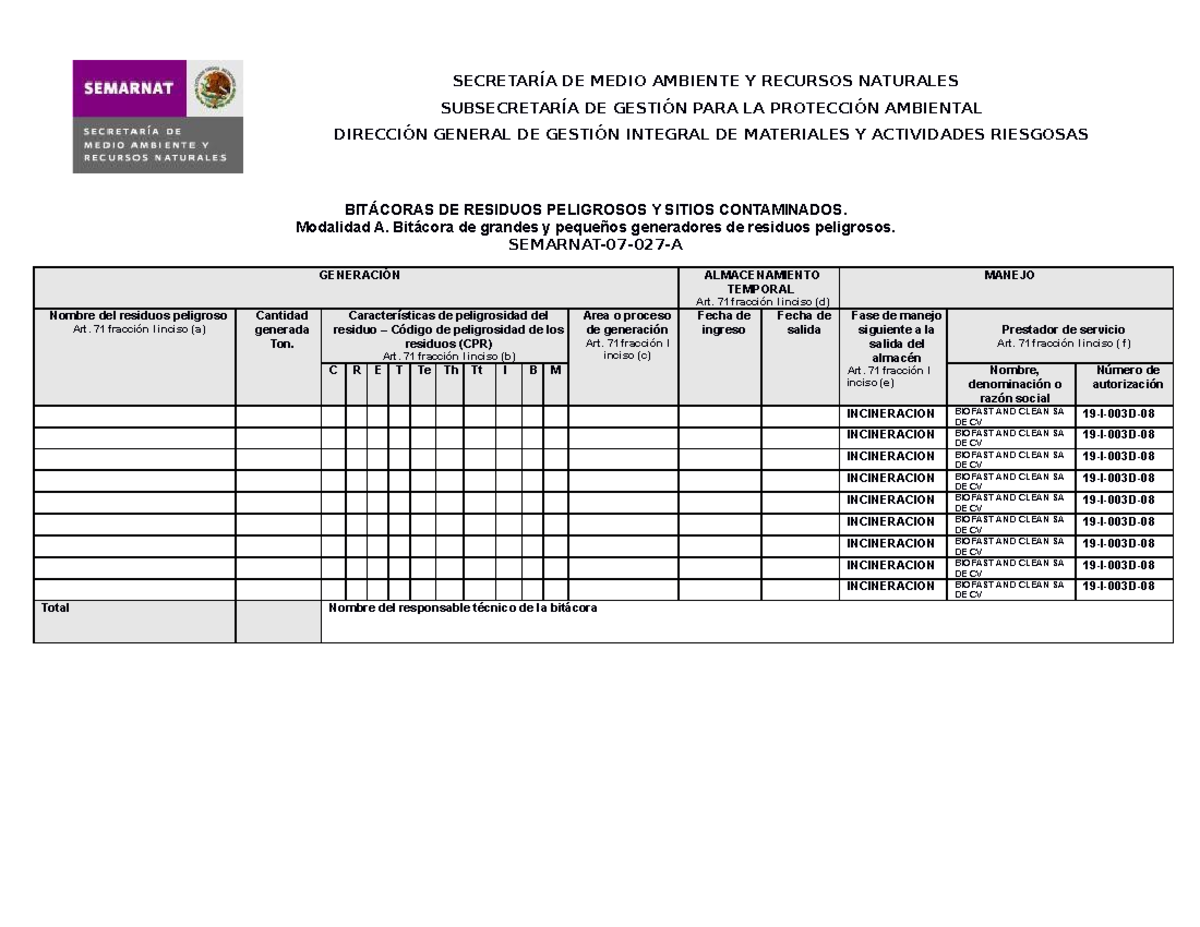 Bitácora de Residuos Peligrosos - SEMARNAT-07-027-A - Studocu