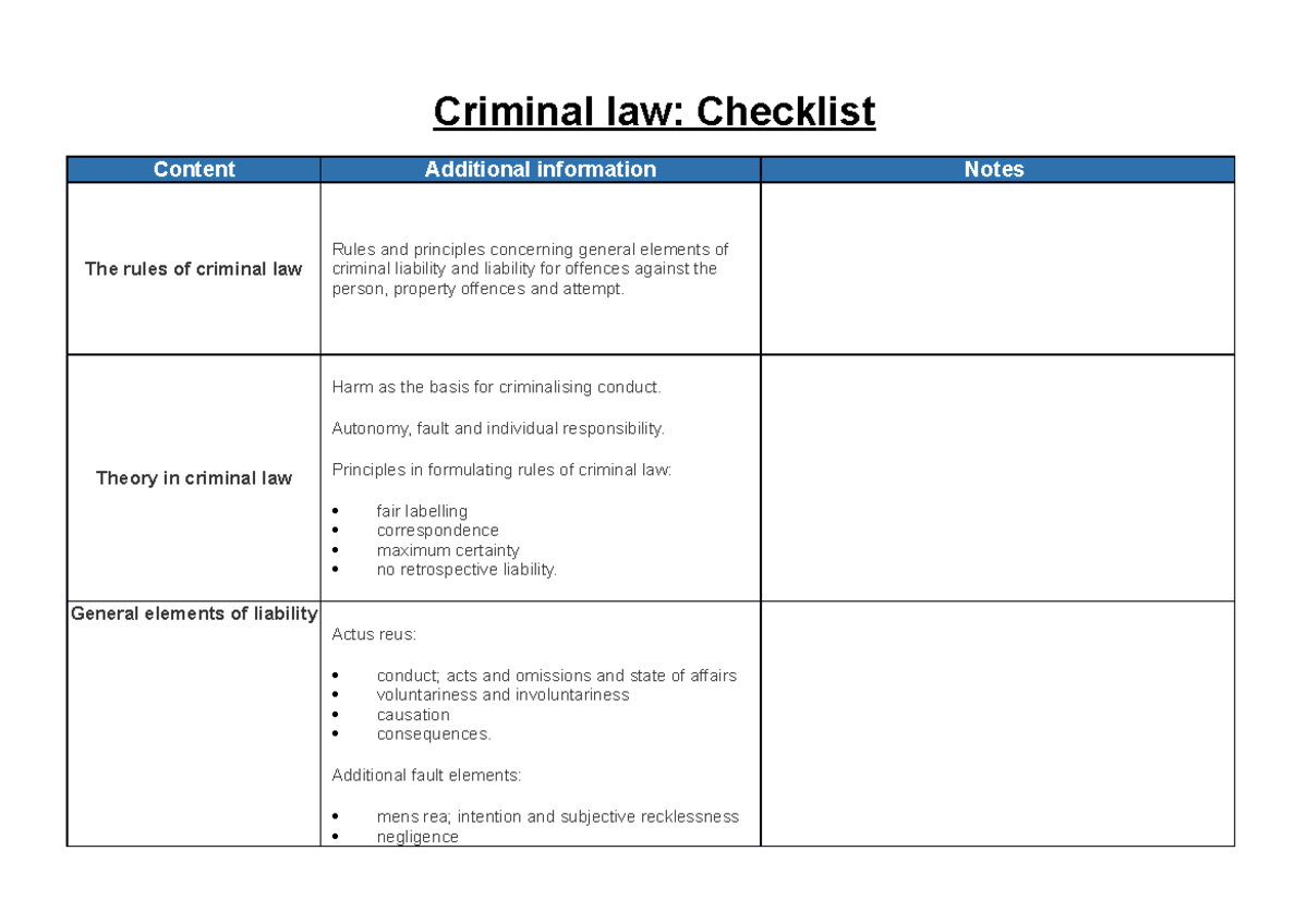 Criminal Law Checklist: Key Elements & Offences Overview - Studocu