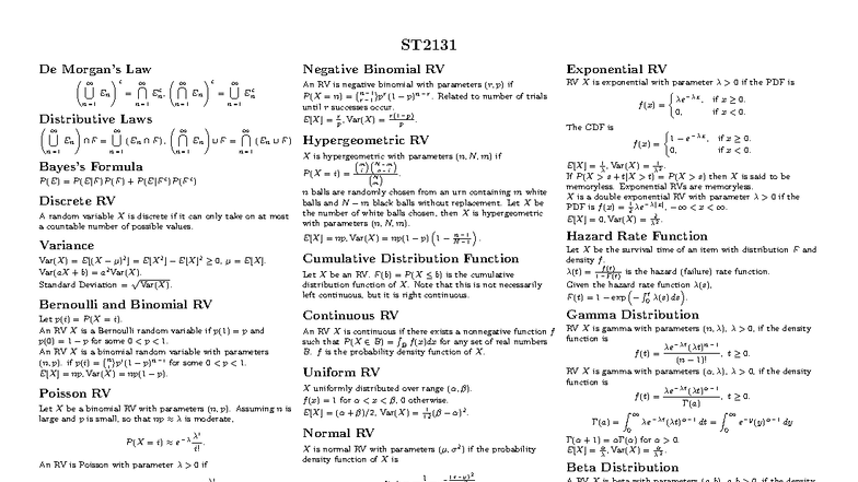 ST2131 Cheatsheet: Discrete and Continuous Random Variables - Studocu