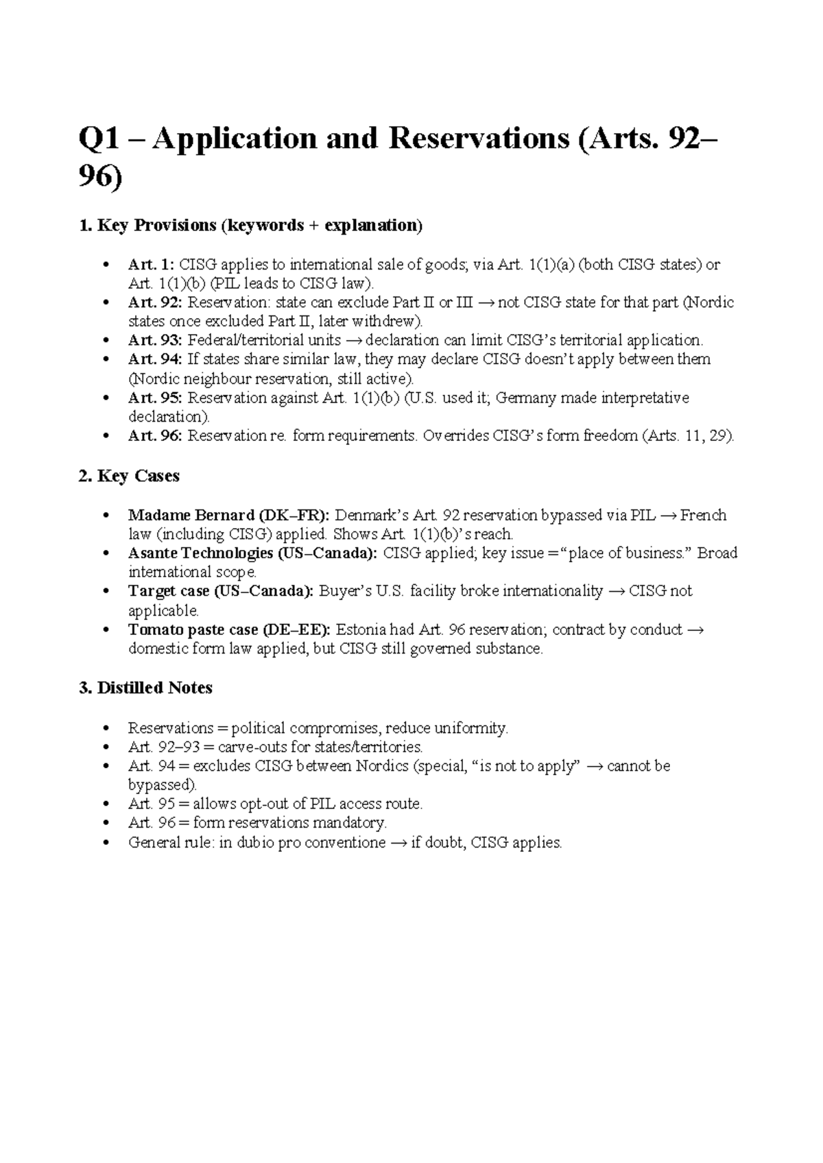 Q1 - Key Provisions and Case Analysis in CISG - Studocu