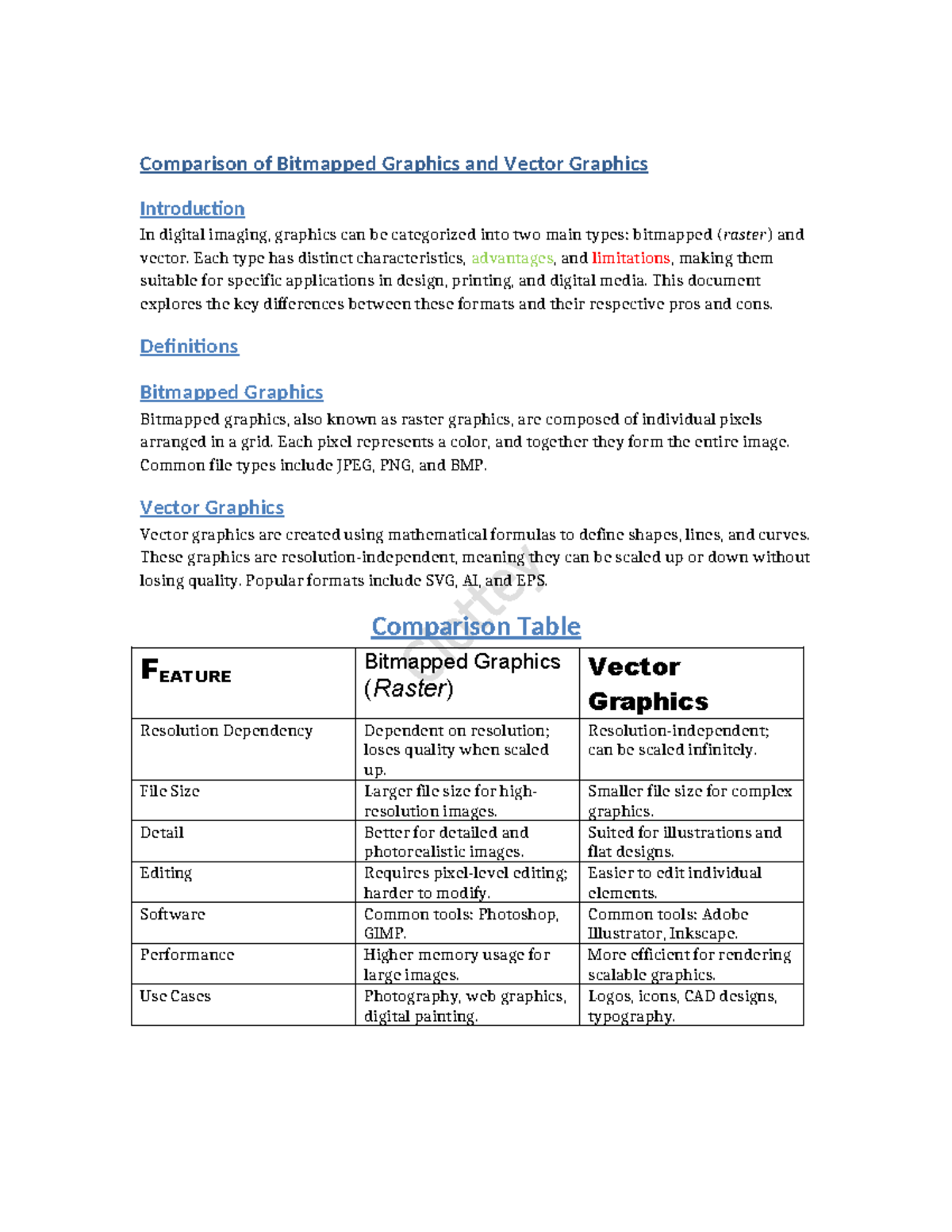 Comparison of Bitmapped vs Vector Graphics: Key Differences - Studocu