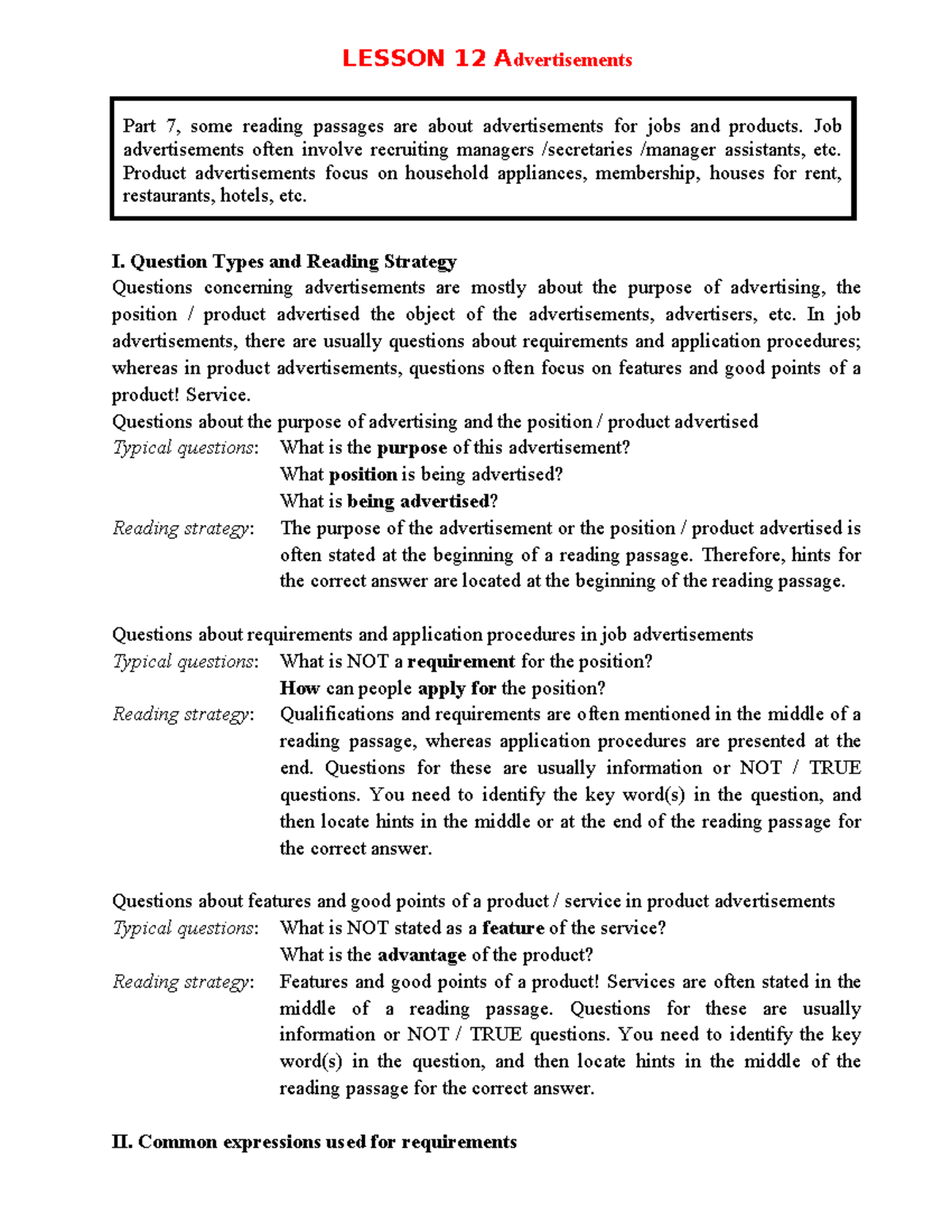 Lesson 12: Advertisements and reading strategies for job and product ...