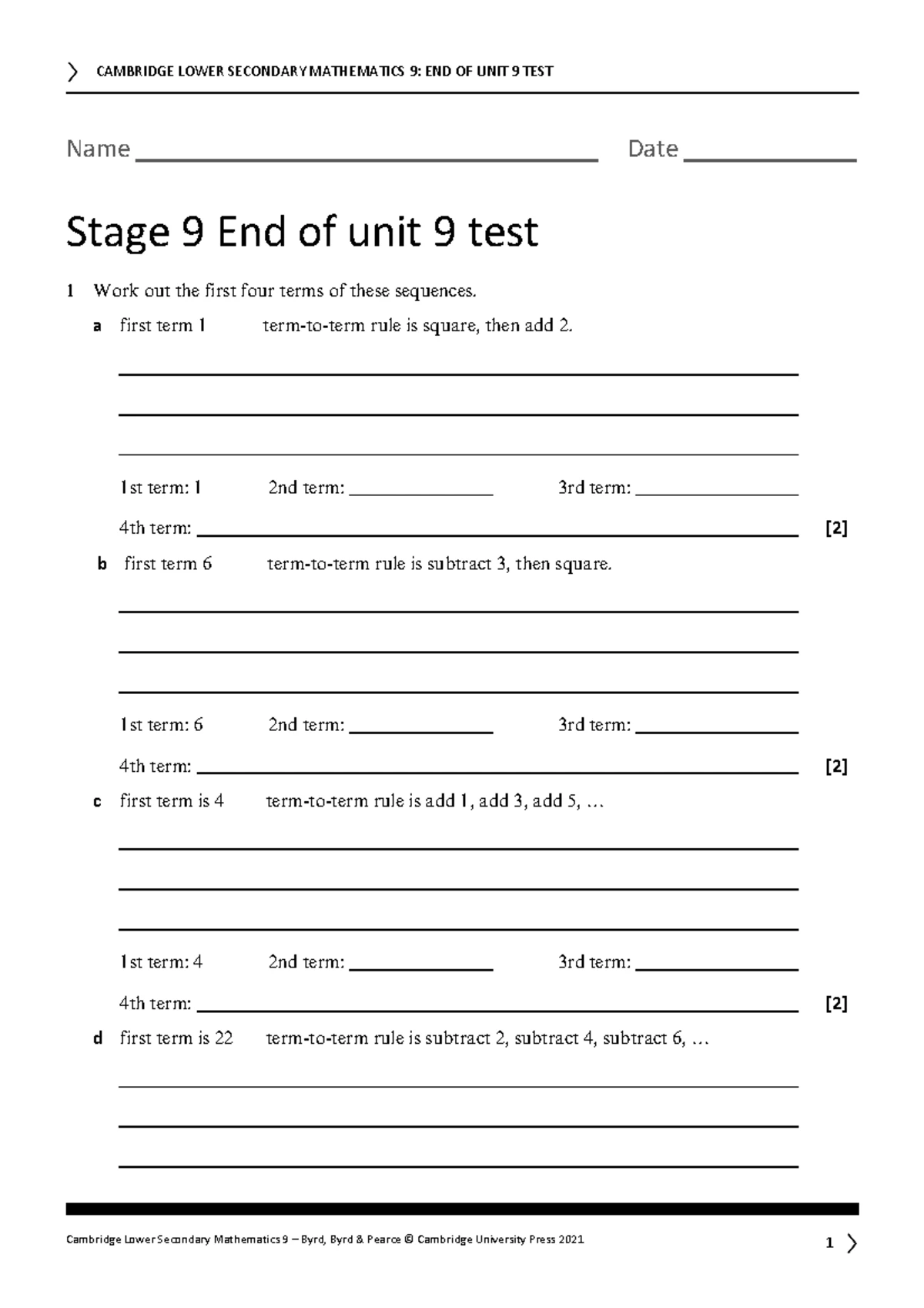 Unit 9 End-of-unit test - Name Date Stage 9 End of unit 9 test 1 Work ...