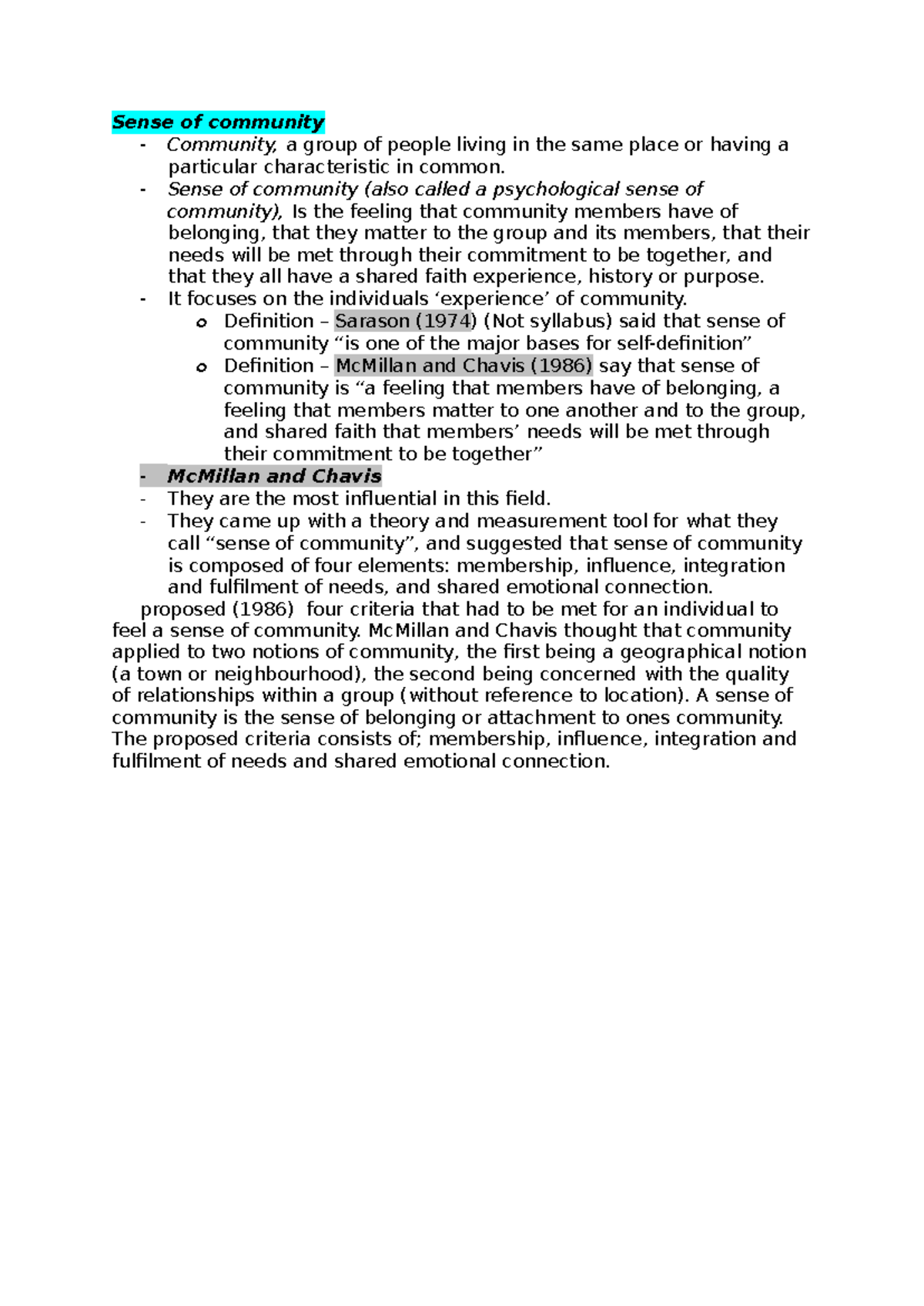 Sense of Community: Key Components for Engagement and Belonging - Studocu