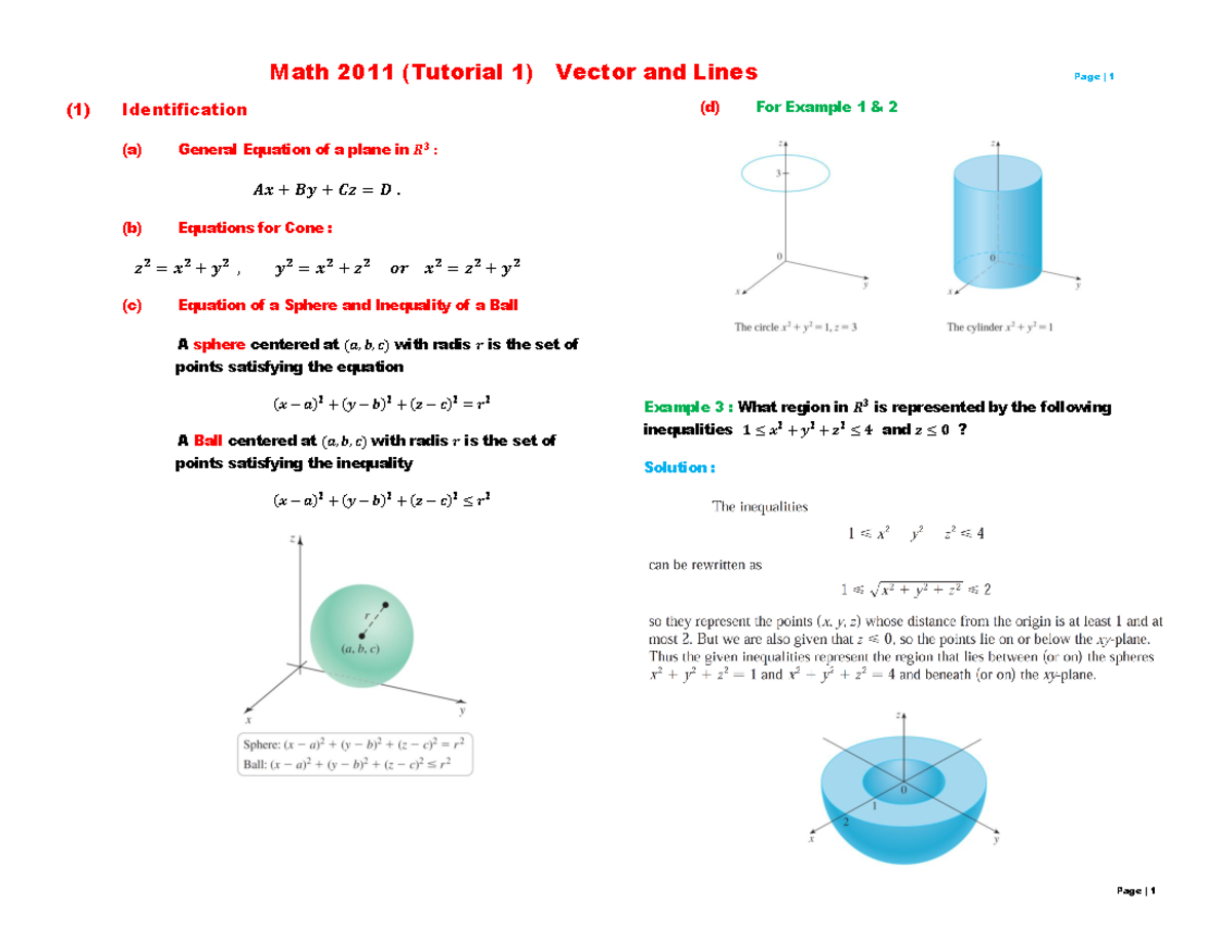 Math 2011 Tutorial 1: Equations of Planes, Vectors, and Geometry - Studocu
