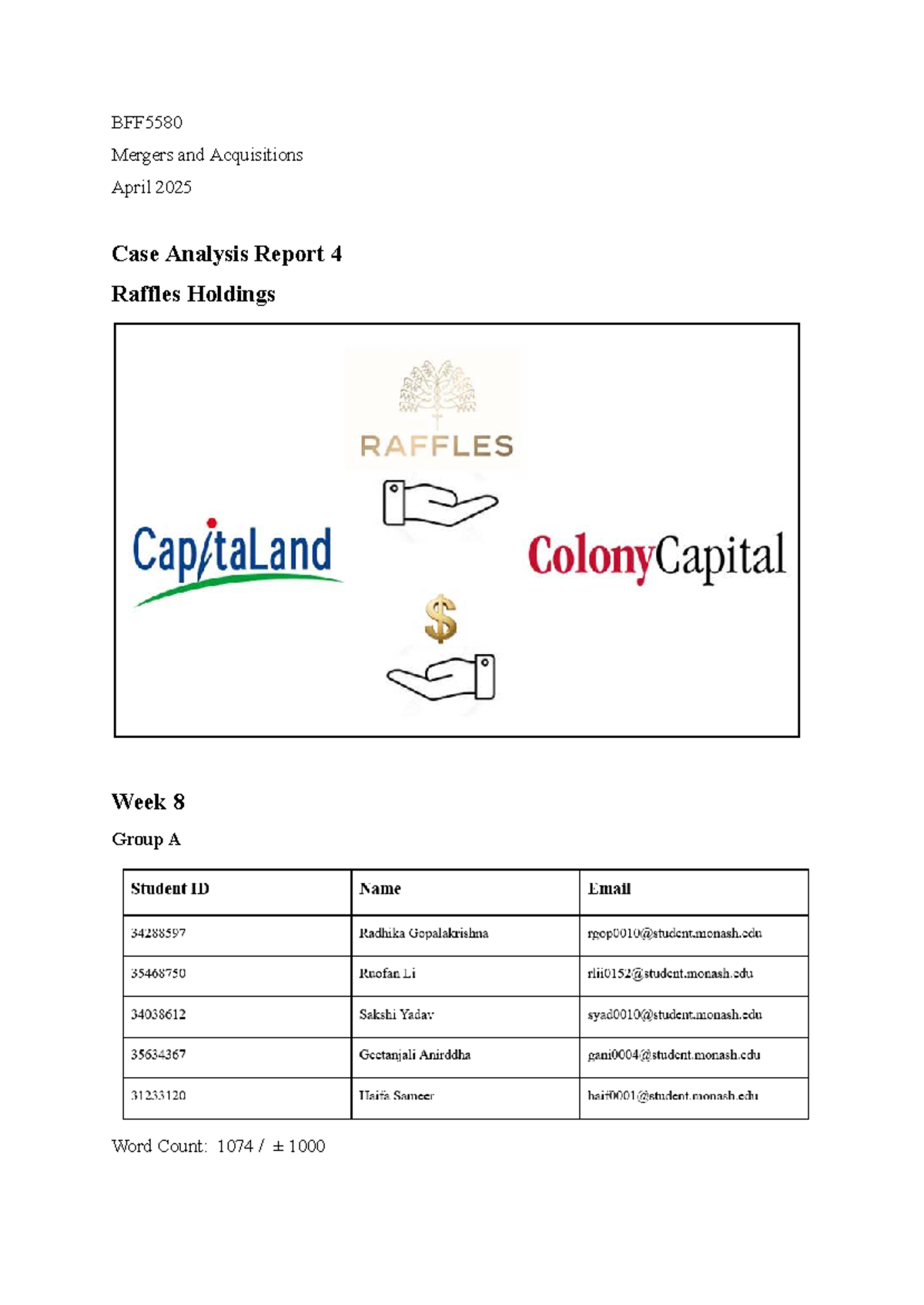 BFF5580 Mergers & Acquisitions April 2025 Case Study: Raffles Holdings ...