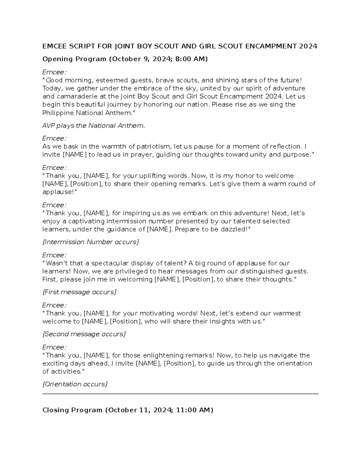 Emcee Script for Joint Boy Scout & Girl Scout Encampment 2024 - Studocu