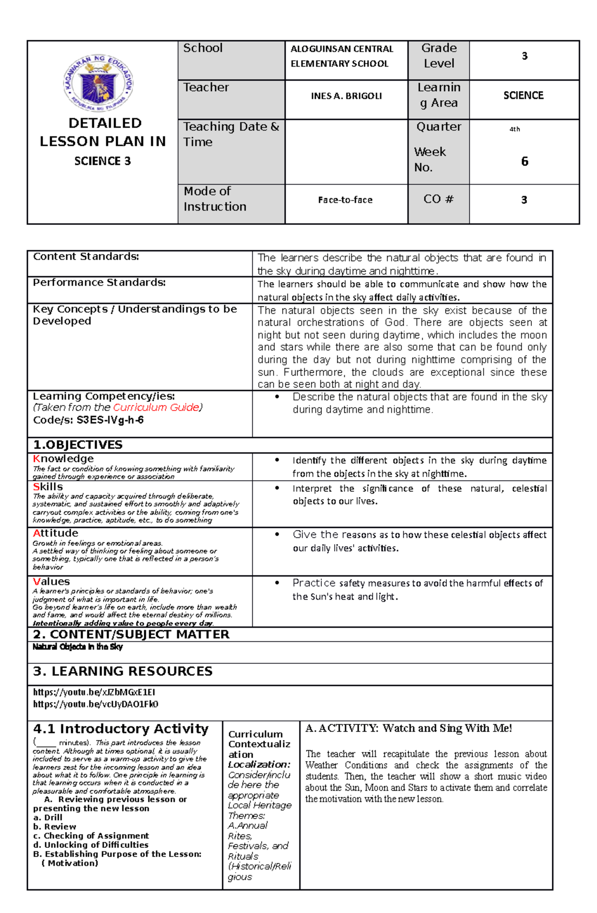 Grade 3 Lesson Plan: Exploring Natural Objects in the Sky - Studocu