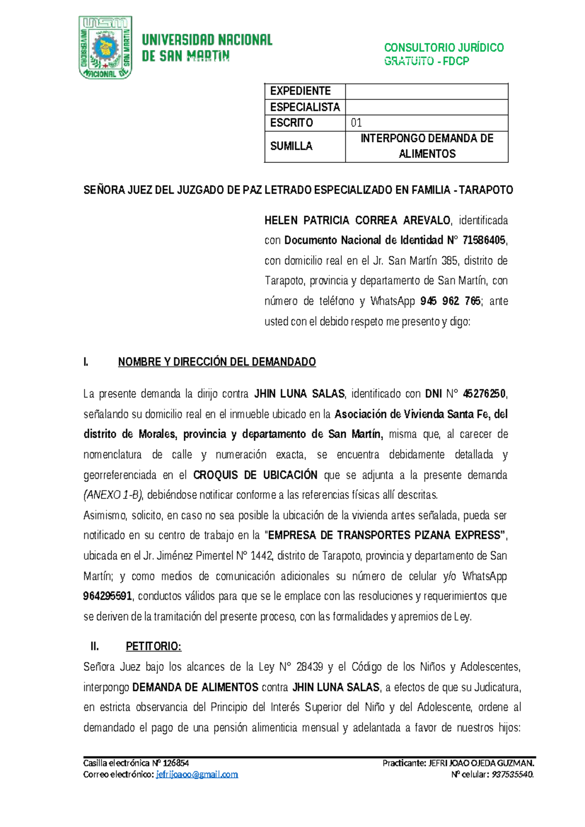 Demanda de Alimentos - FDCP 2026 - Caso Helen Correa vs. Jhin Luna ...