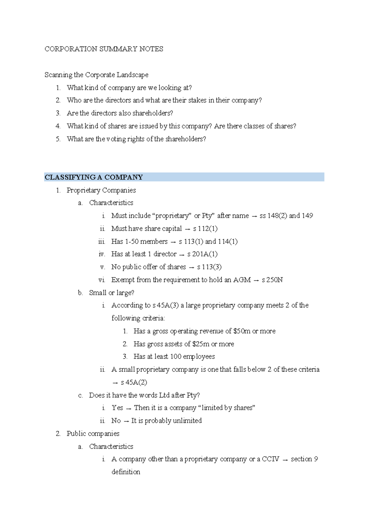 CORP 101 Mid-Sem Notes: Corporate Structure & Shareholder Rights - Studocu