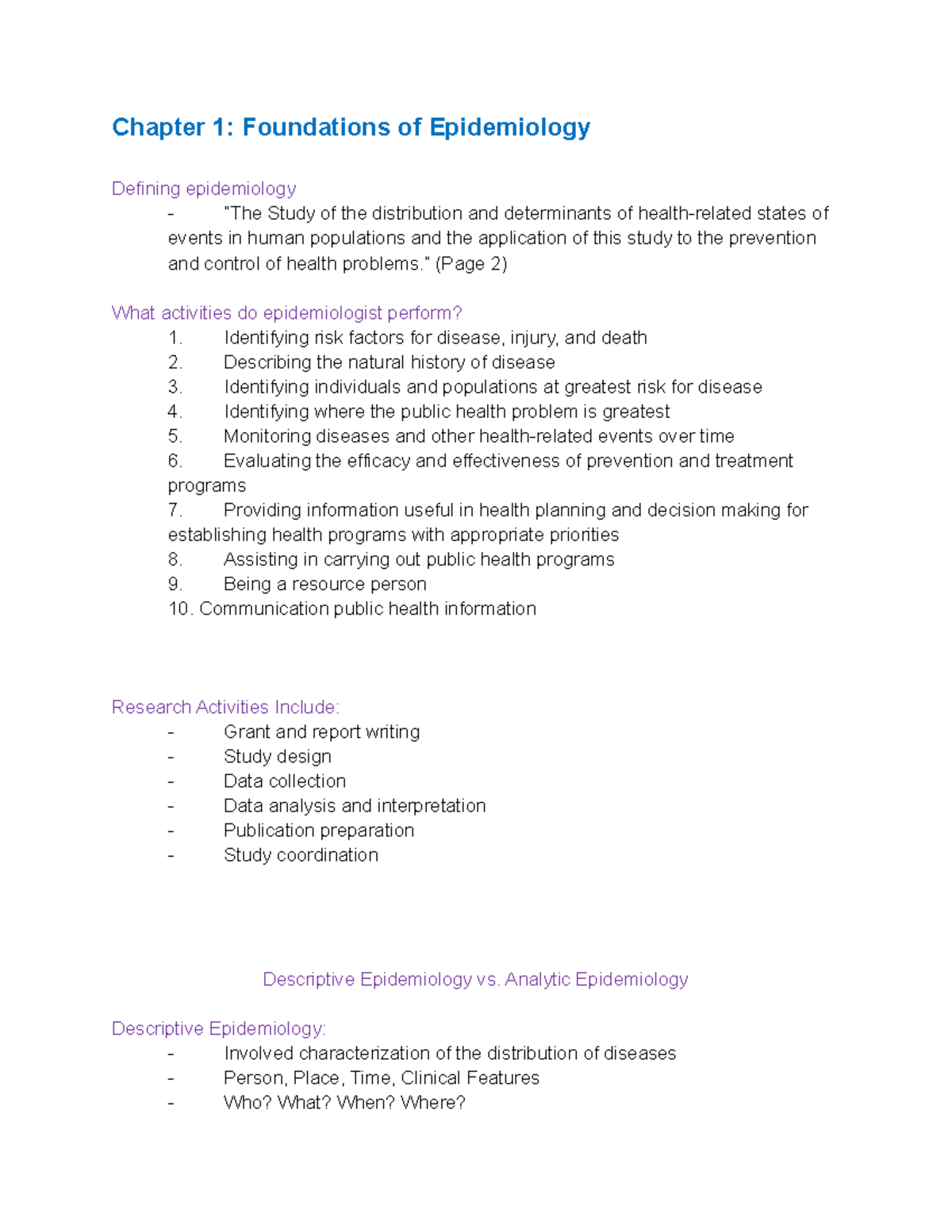 Chapter 1: Foundations of Epidemiology - Key Concepts & Activities - Studocu