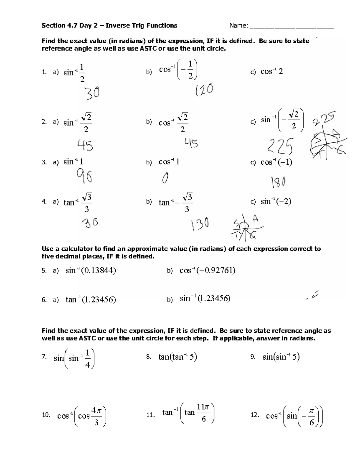 Section 4.7 Worksheet: Inverse Trig Functions & Values - Studocu