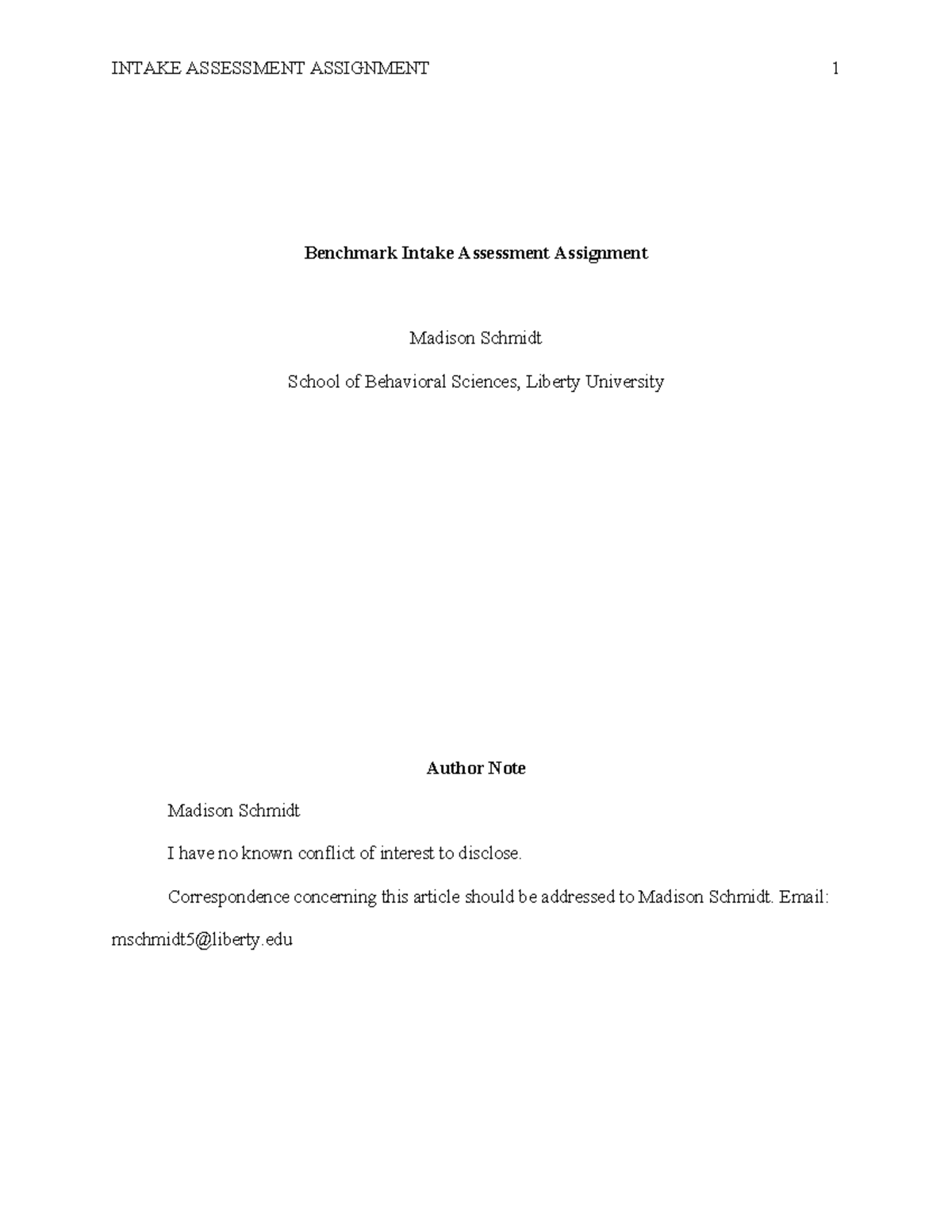 Benchmark Intake Assessment Assignment - Correspondence concerning this ...