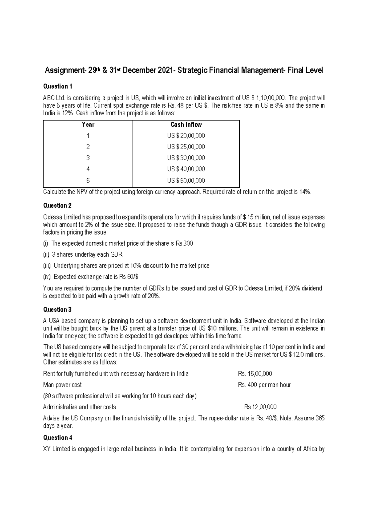 SFM-International Finance Assignment: Dec 29 & 31, 2021 - Final Level ...