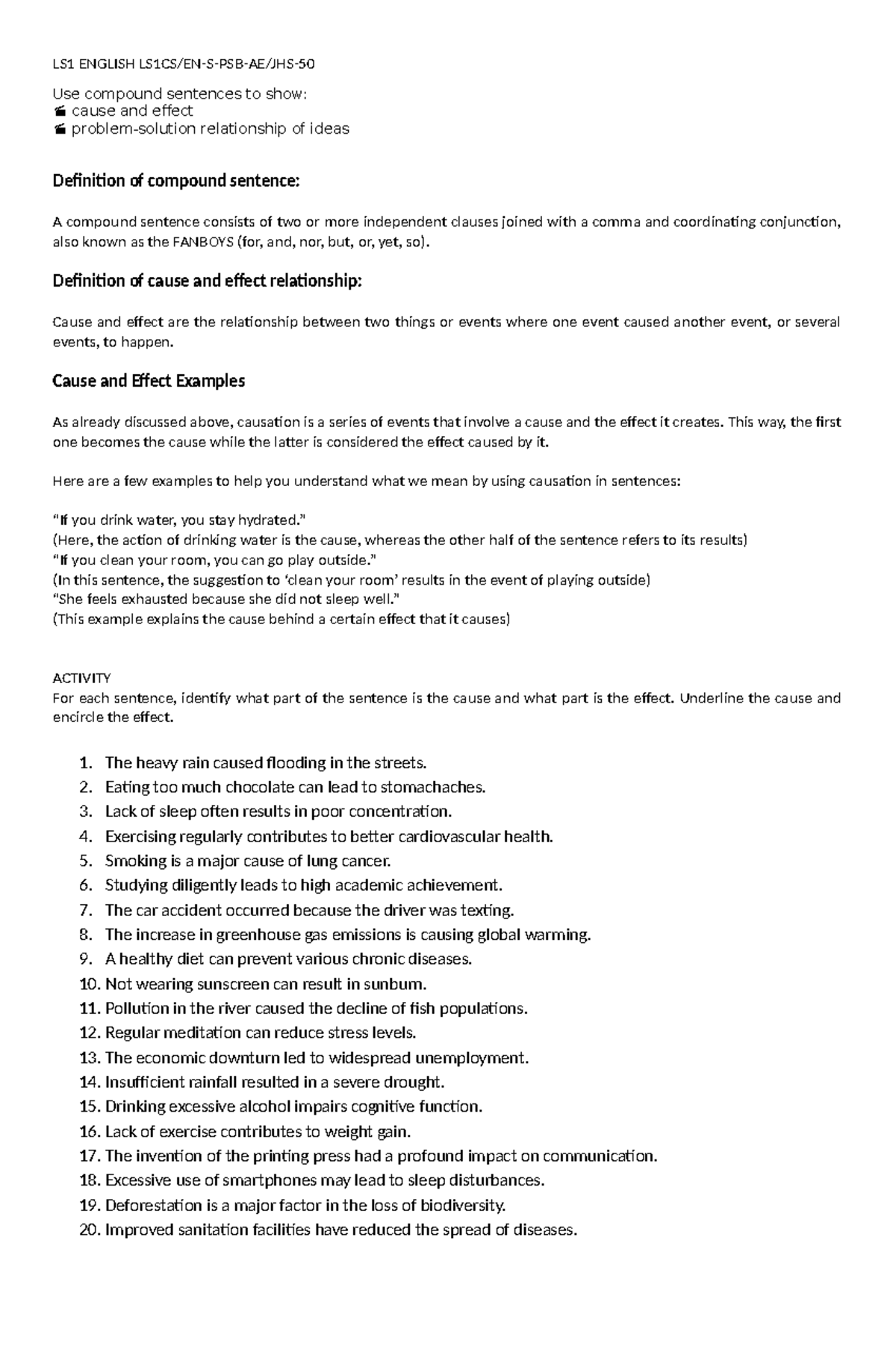 LS1 ENGLISH Compound Sentences: Cause and Effect Overview - Studocu