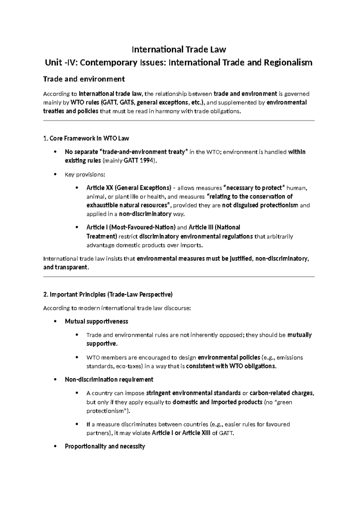 International Trade Law Unit 4: Trade, Environment, and Regionalism ...