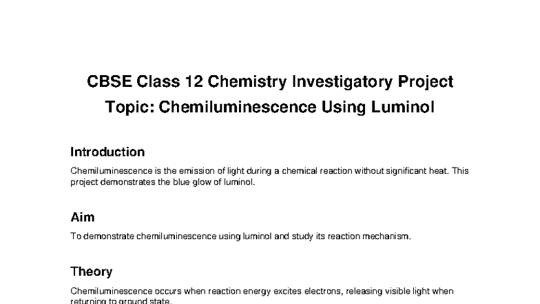 Chemiluminescence Luminol Project - CBSE Class 12 Chemistry ...