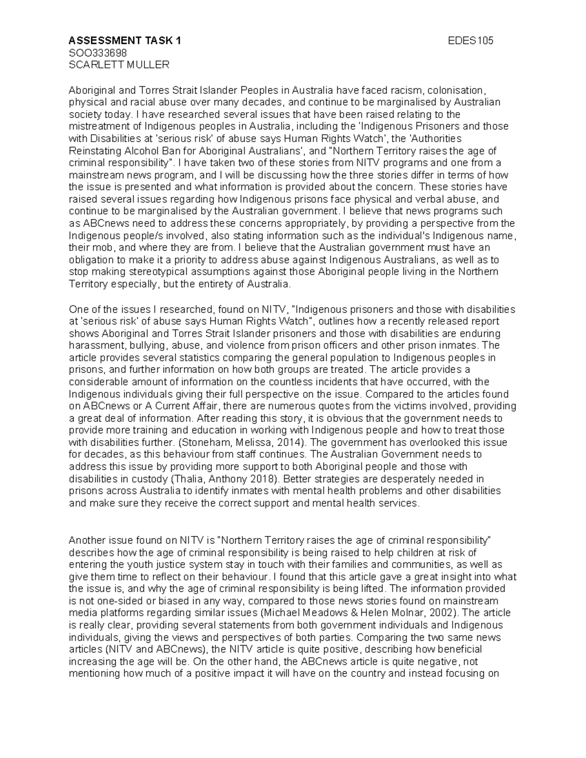 EDES 105: Assessment of Media Portrayal of Indigenous Issues in ...